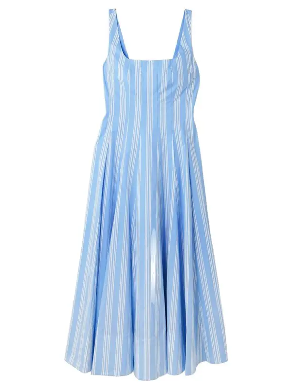 Staud Wells Paneled Striped Cotton-blend Poplin Midi Dress - Blue