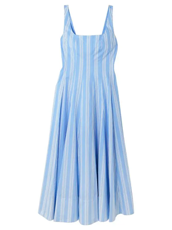 Staud Wells Paneled Striped Cotton-blend Poplin Midi Dress - Blue