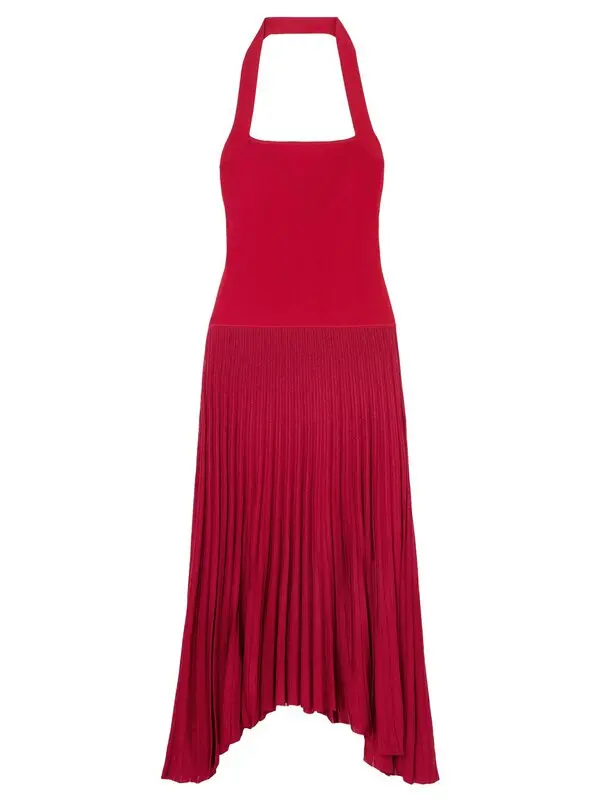 Maria Mcmanus Ribbed Stretch-knit And Plissé Halterneck Maxi Dress - Red