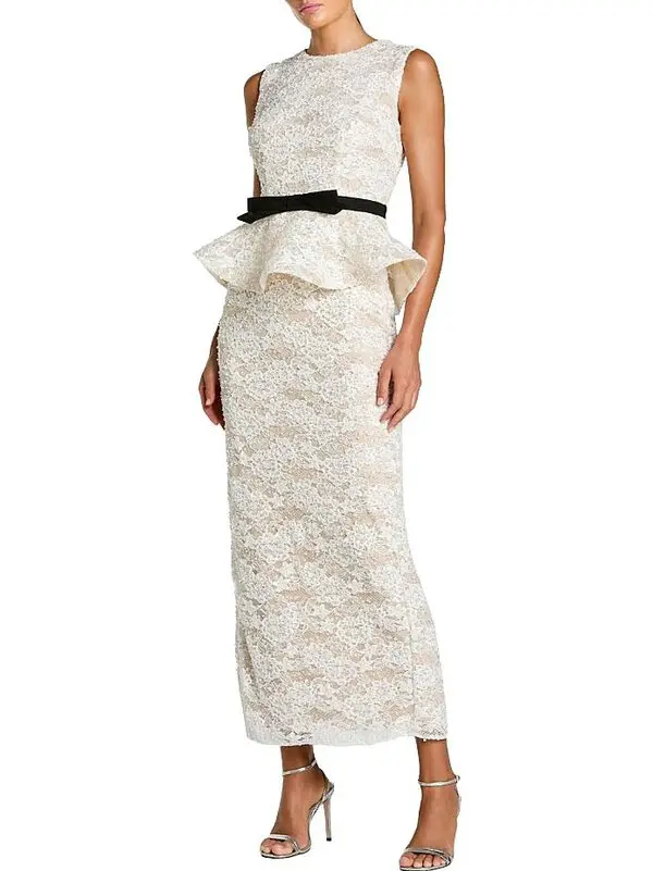 Mac Duggal Lace Peplum Column Gown With Bow - Ivory Nude