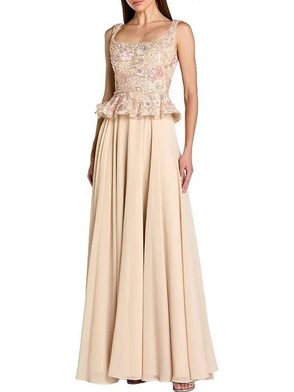 Mac Duggal Embroidered Peplum Gown With Chiffon Skirt - Champagne