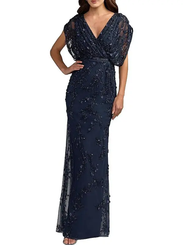 Mac Duggal Beaded V-neck Blouson Gown - Navy