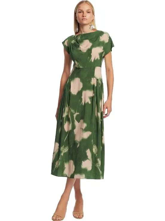 Lela Rose Abstract Floral Crepe Asymmetrical Dress - Green / Yellow