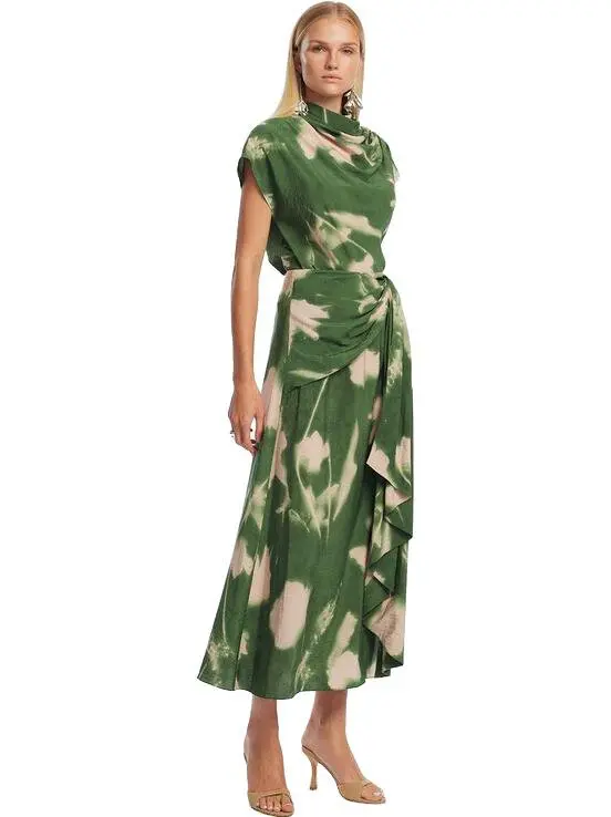 Lela Rose Abstract Floral Crepe Cascade Skirt - Green / Yellow