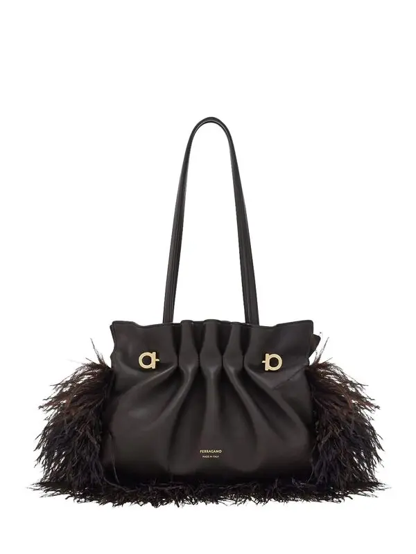 FERRAGAMO Nappa Leather Feather Small Soft Bag - Black
