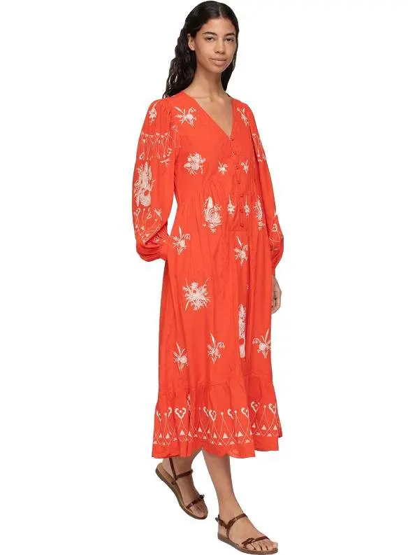 Sea Serafina Embroidered Midi Dress - Orange / Red