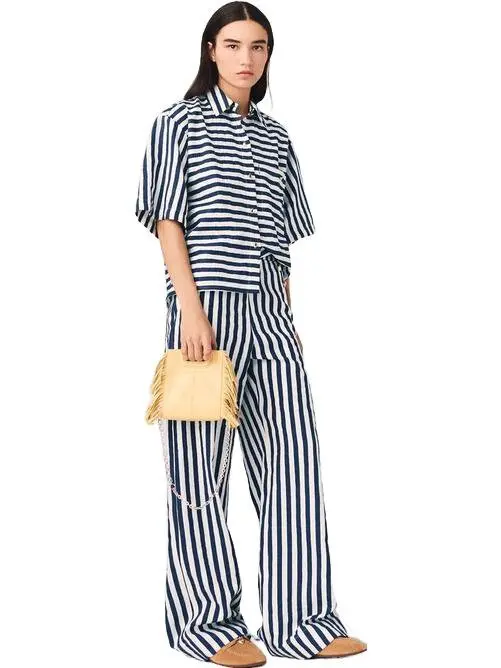 Maje Cropped Linen-blend Shirt - Blue / Stripe / White / Yellow