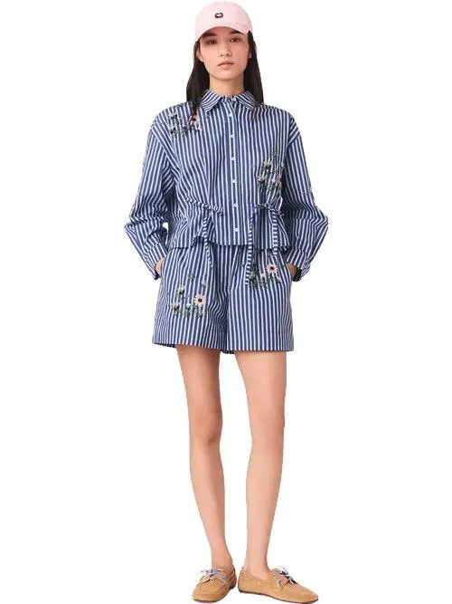 Maje Cropped Embroidered Striped Shirt - Blue / Stripe / White / Yellow