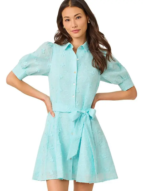 LILLY PULITZER Larkyn Shirtdress - Day Dream Blue Monarch Embroidered Cotton Swiss Dot