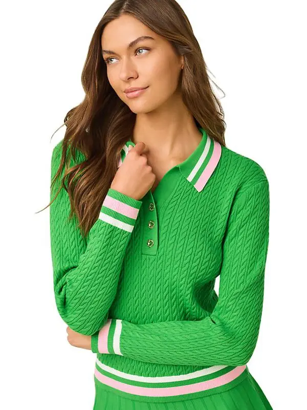 LILLY PULITZER Suzette Polo Sweater - Putting Green X Resort White Tipping