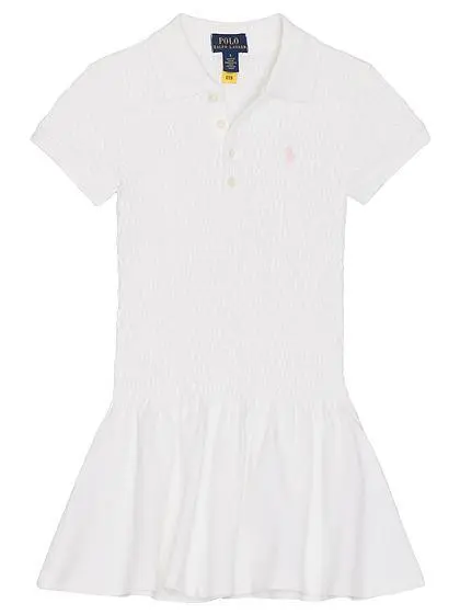 Polo Ralph Lauren Sleeveless Stretch Mesh Smocked Collared Day Dress - White