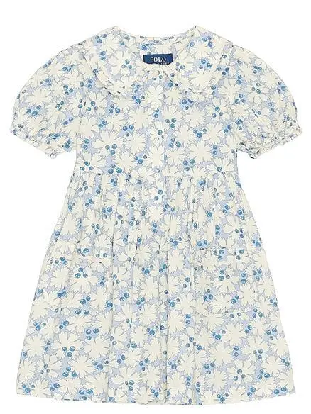 Polo Ralph Lauren Short Sleeve Cotton Floral Printed Ruffle Shirt Dress In Blue - Conney Floral