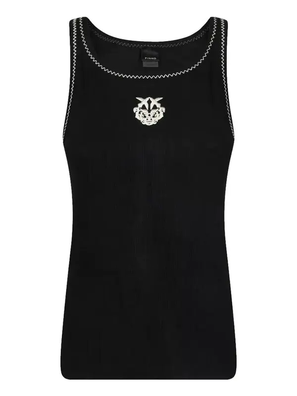 Pinko Ribbed Stretch Cotton Tank Top With Embroidered Logo - Black