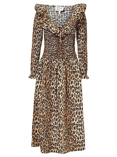 DAMSON MADDER Shirred Print Cotton Midi Dress - Leopard