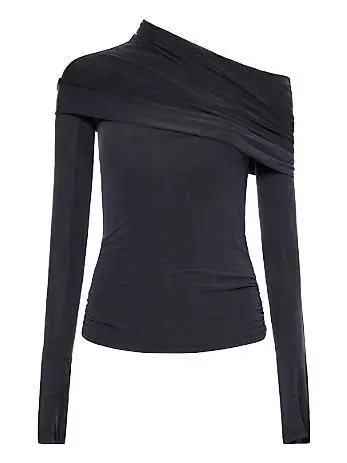 PEACHY DEN Cold-shoulder Stretch-woven Top - Graphite