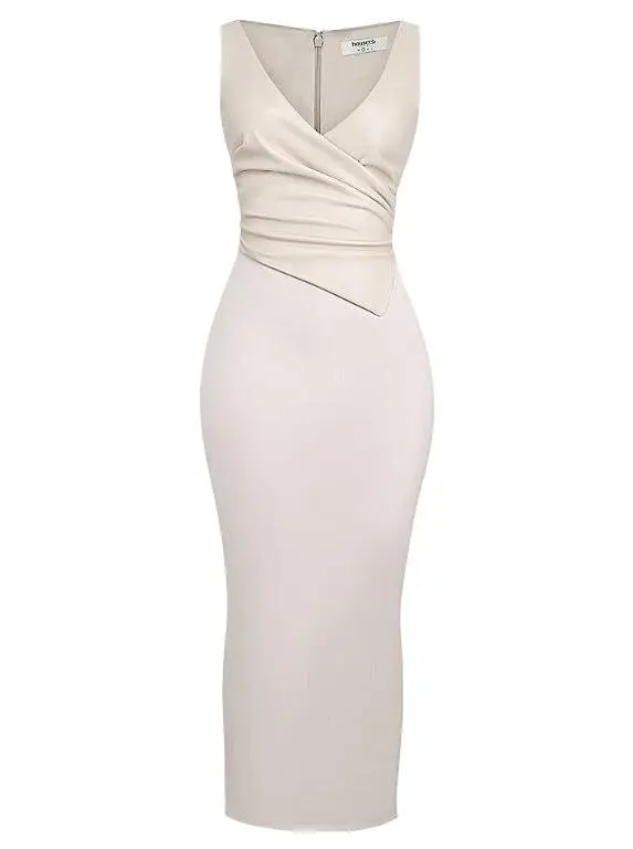 House Of Cb Gathered Faux-leather And Cotton Maxi Dress - Ecru