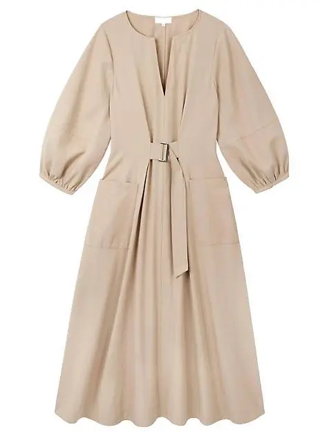 THE WHITE COMPANY Cotton-blend Belted Midi Dress - Stone