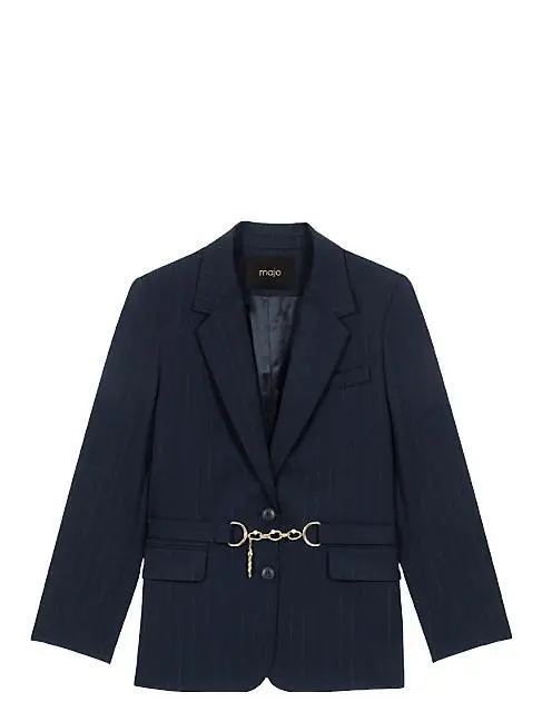 Maje Pinstripe Wool-blend Suit Jacket With Chain Belt - Navy