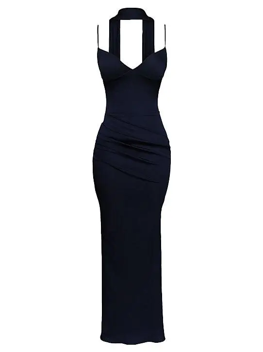 House Of Cb Freya V-neck Satin Maxi Dress - Navy