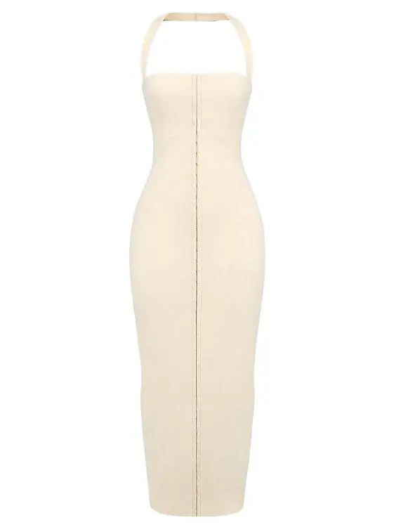 House Of Cb Halter-neck Stretch-woven Maxi Dress - Ecru