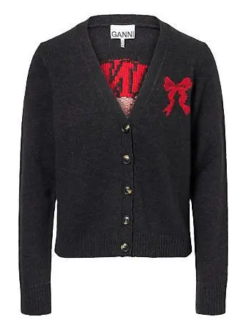 GANNI Bunny-intarsia V-neck Wool-blend Cardigan - Phantom
