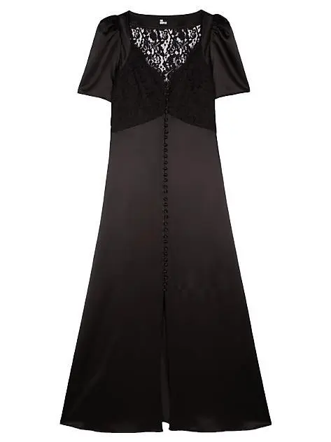 The Kooples Lace-embroidered Puff-sleeve Silk Maxi Dress - Black