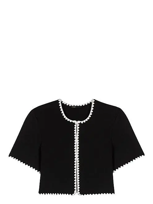 Maje Cropped Knitted Cardigan With Contrast Stitching - Black
