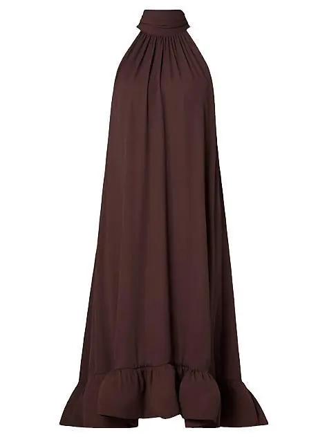 MALINA Halter-neck Ruffled Woven Midi Dress - Chocolate