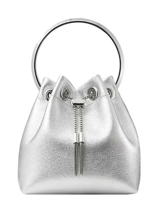 JIMMY CHOO Bon Bon Metallic-leather Top-handle Bucket Bag - Silver/silver