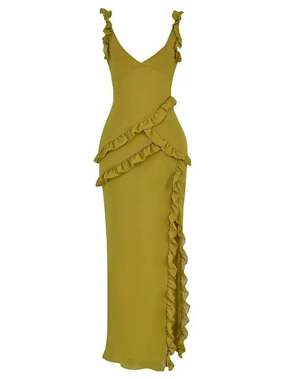House Of Cb Pixie Ruffled Mesh Maxi Dress - Olive