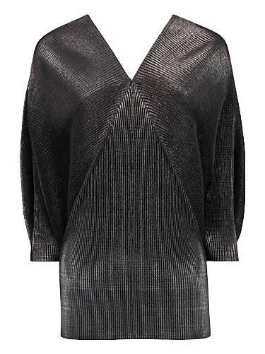 LEEM V-neck Batwing-sleeve Plisse Top - Grey