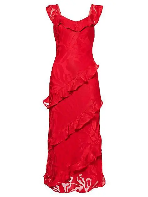 PRETTY LAVISH Neima Devore Frilled Woven Midi Dress - Red