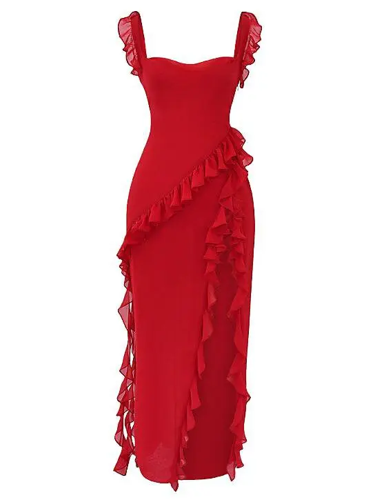 House Of Cb Ariela Ruffle-trim Maxi Dress - Cherry