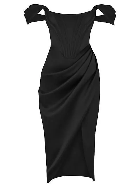 House Of Cb Loretta Off Shoulder Satin Midi Dress - Black