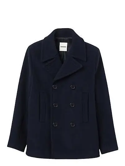 Sandro Double-breasted Peak-lapel Wool-blend Coat - Bleus
