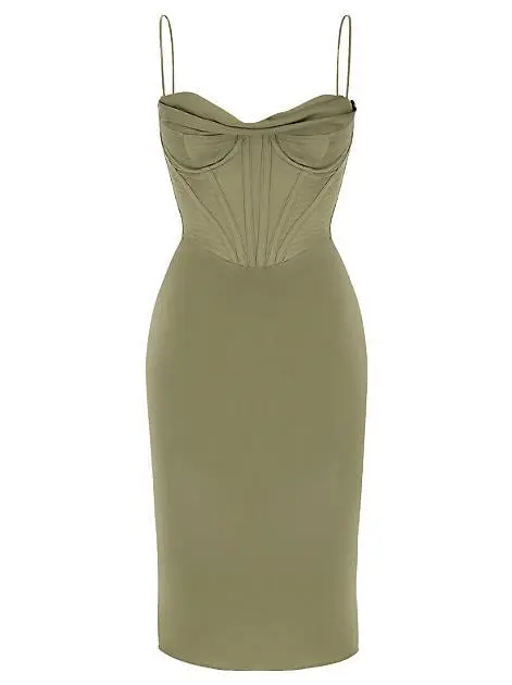 House Of Cb Myrna Corset Satin Midi Dress - Olive