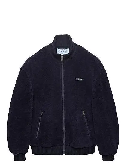 Prada Funnel-neck Fleece Jacket With Logo Patch - Blue