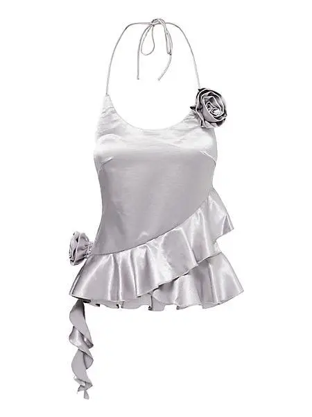 AMY LYNN Rose-appliqué Woven Halterneck Top - Silver
