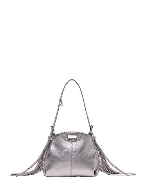 Maje Micro Leather Shoulder Bag With Tassels And Eyelet Embellishment - Silver