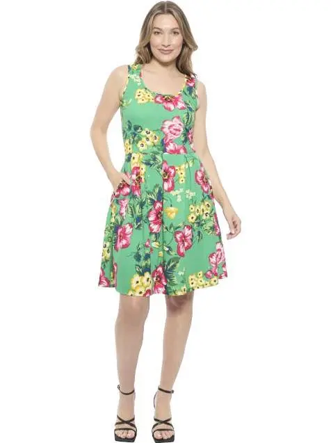 24SEVEN COMFORT APPAREL Floral Sleeveless Pleated Pocket Skater Dress - Green Multi