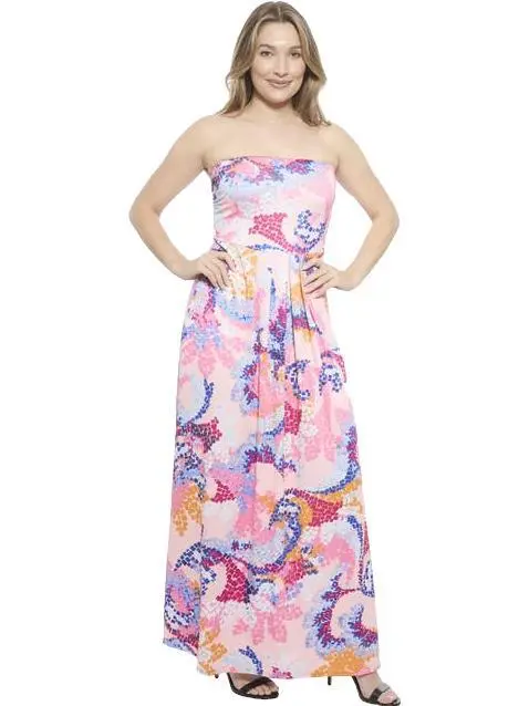 24SEVEN COMFORT APPAREL Abstract Strapless A-line Maxi Dress With Pockets - Pink Multi