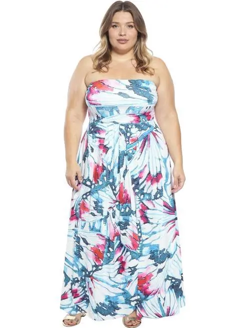 24SEVEN COMFORT APPAREL Butterfly Print Strapless Maxi Dress - Blue Multi