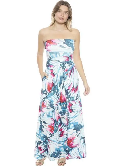 24SEVEN COMFORT APPAREL Butterfly Print A-line Strapless Maxi Dress With Pockets - Blue Multi