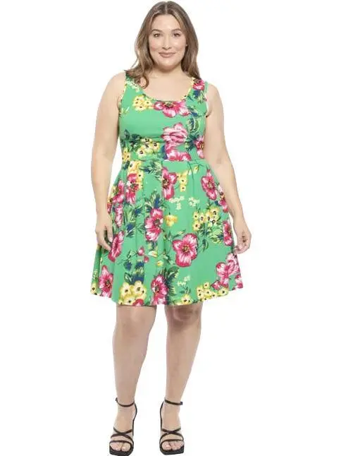 24SEVEN COMFORT APPAREL Floral Sleeveless Pleated Skater Dress - Green Multi
