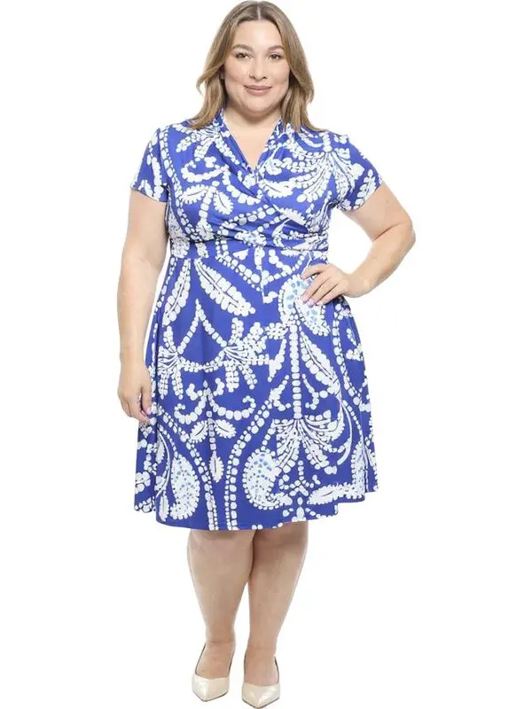 24SEVEN COMFORT APPAREL Paisley V-neck Faux Wrap Knee Length A-line Dress - Blue Multi