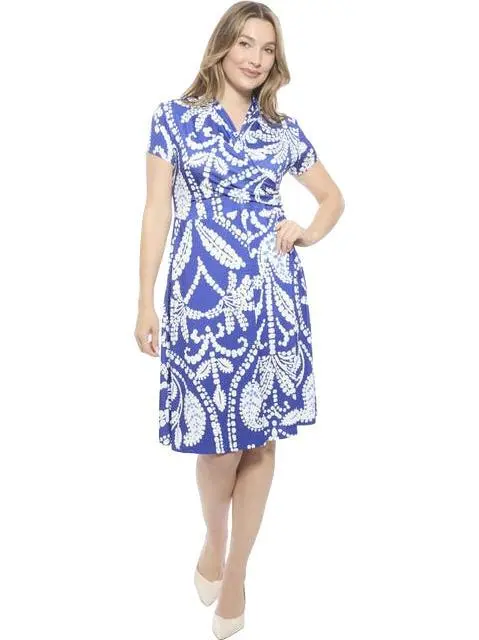 24SEVEN COMFORT APPAREL Paisley V-neck Short Sleeve Faux Wrap Knee Length A-line Dress - Blue Multi