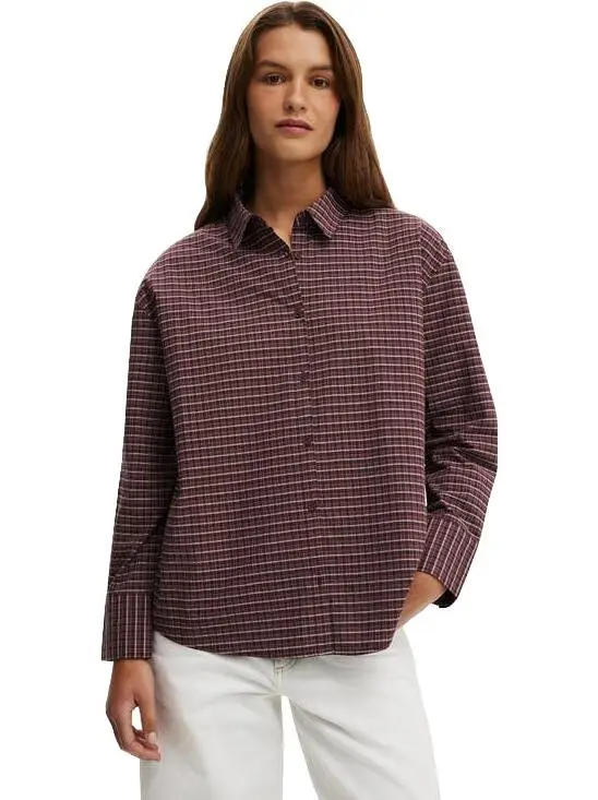 COTTON ON Sloane Oversized Shirt - Micro Check Cocoa Deep