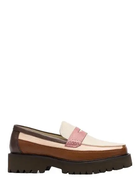 MARC NOLAN Ms. Adler Leather Lug Penny Loafers - Brown/cream/pink