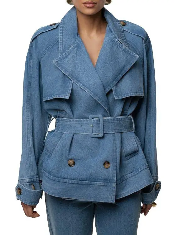 JLUXLABEL Double Breasted Denim Jacket - Medium Wash