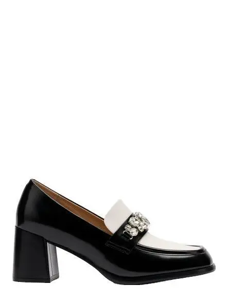 MARC NOLAN Margot Leather Penny Loafer Block Pumps - Black/white